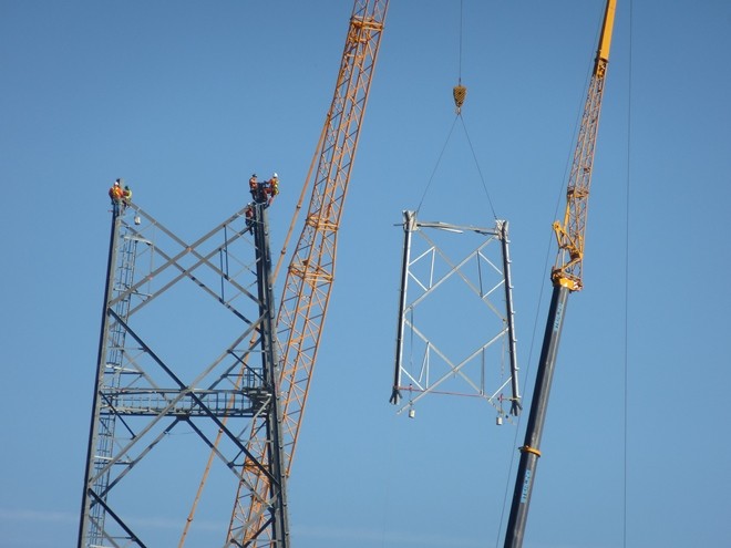 BC Hydro at work: Transmission tower assembly on Fraser River